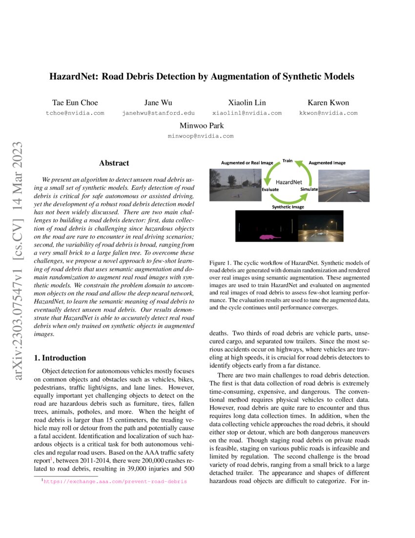 HazardNet: Road Debris Detection by Augmentation of Synthetic Models | DeepAI