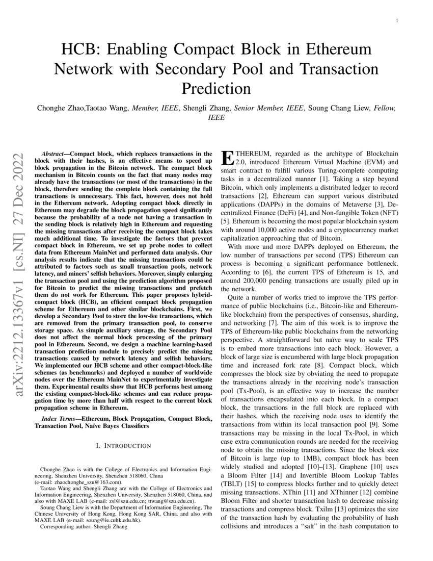 HCB: Enabling Compact Block in Ethereum Network with Secondary Pool and Transaction Prediction ...