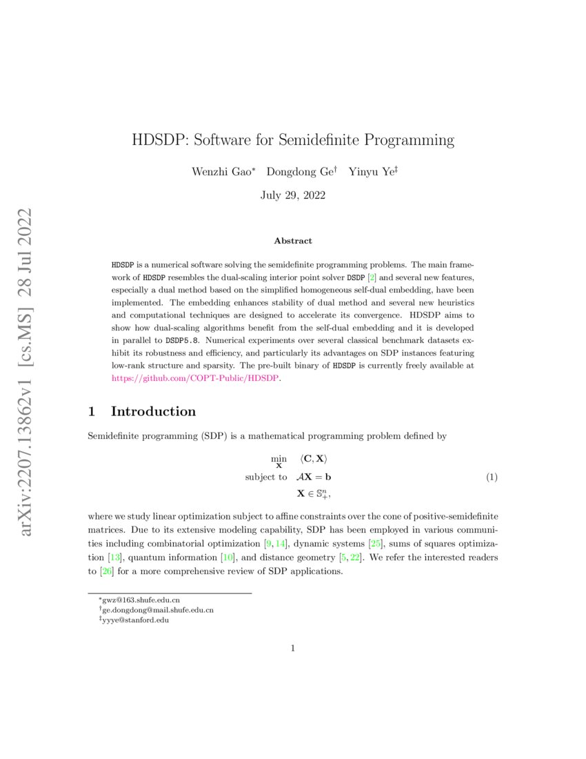 Hdsdp Software For Semidefinite Programming Deepai 