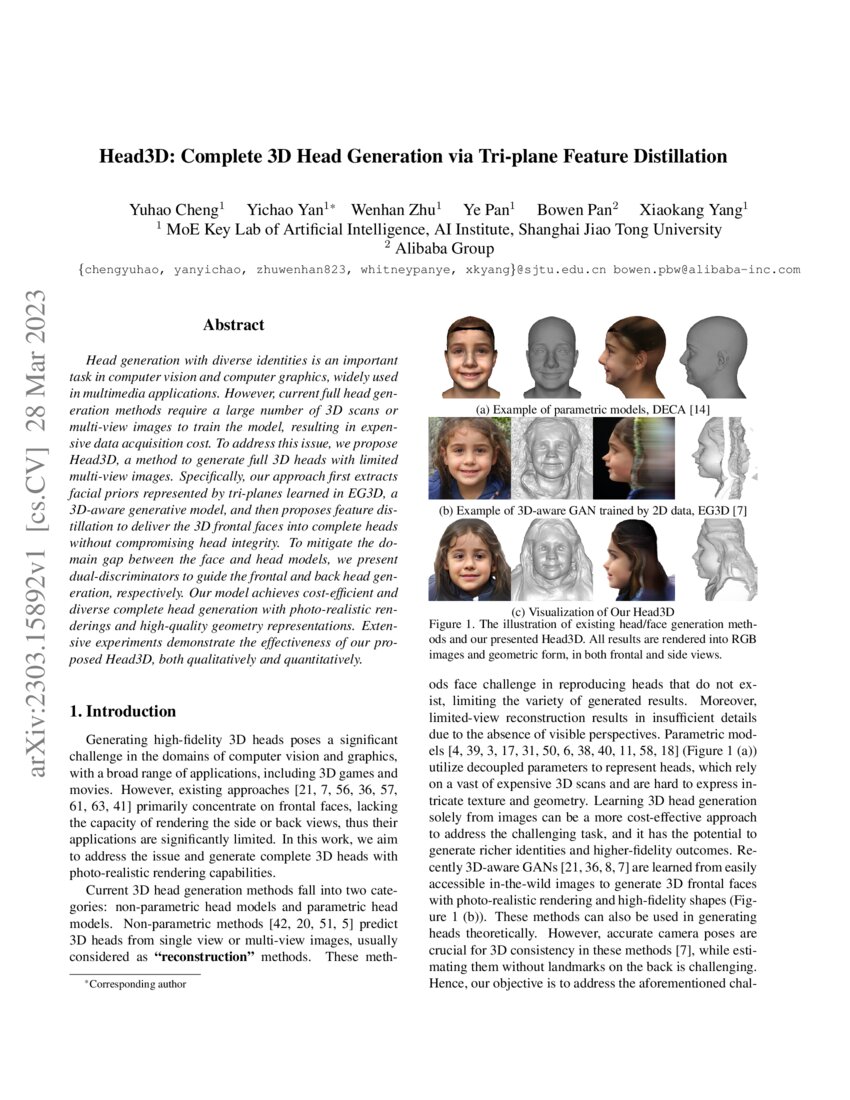 Head3D: Complete 3D Head Generation via Tri-plane Feature Distillation | DeepAI
