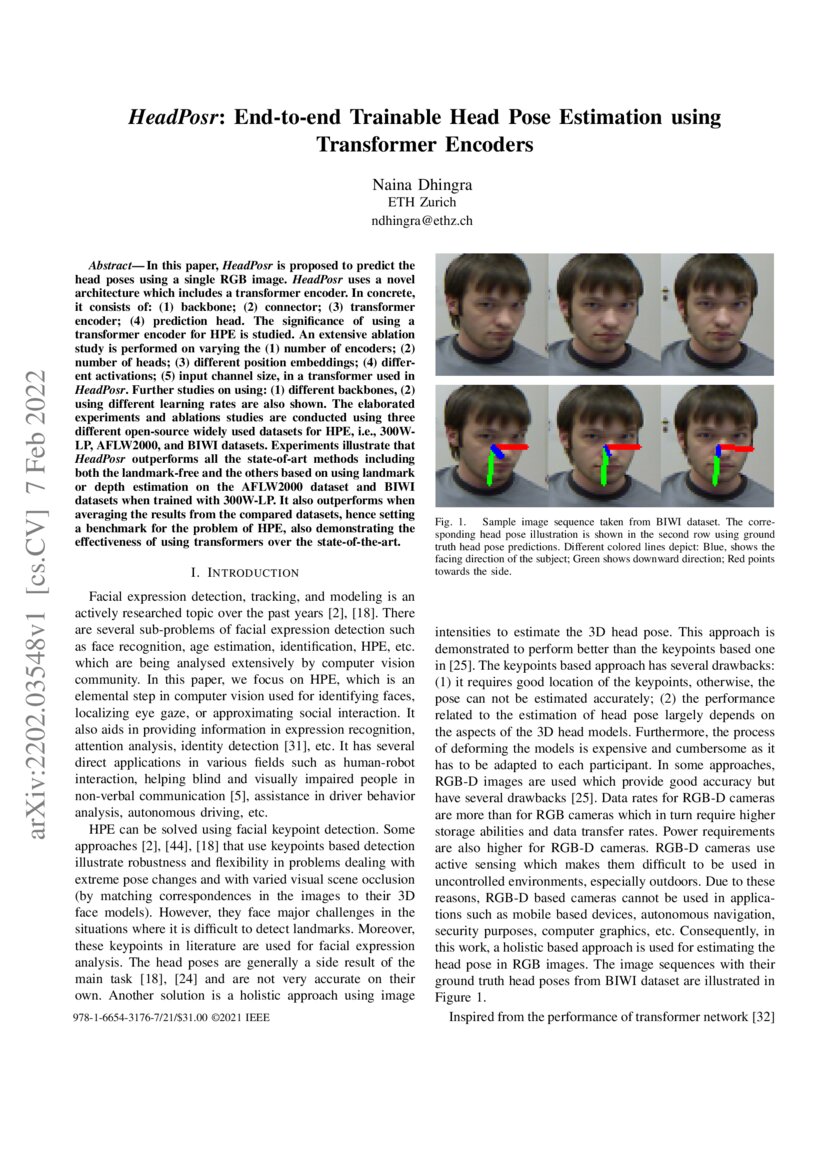 HeadPosr: End-to-end Trainable Head Pose Estimation using Transformer Encoders | DeepAI
