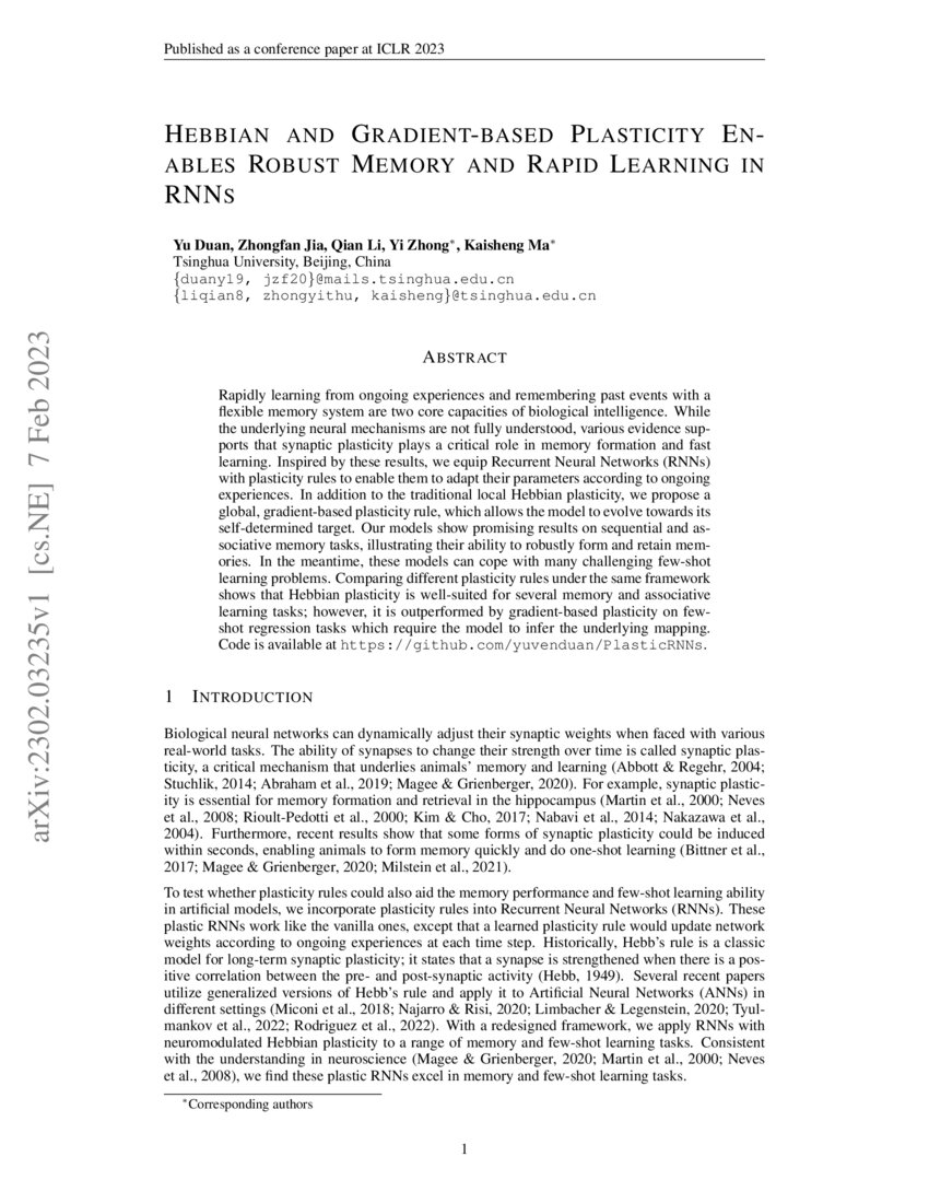 Hebbian and Gradient-based Plasticity Enables Robust Memory and Rapid Learning in RNNs | DeepAI