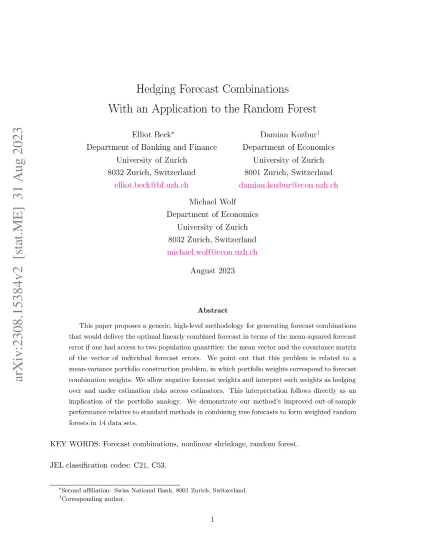 Hedging Forecast Combinations With An Application To The Random Forest
