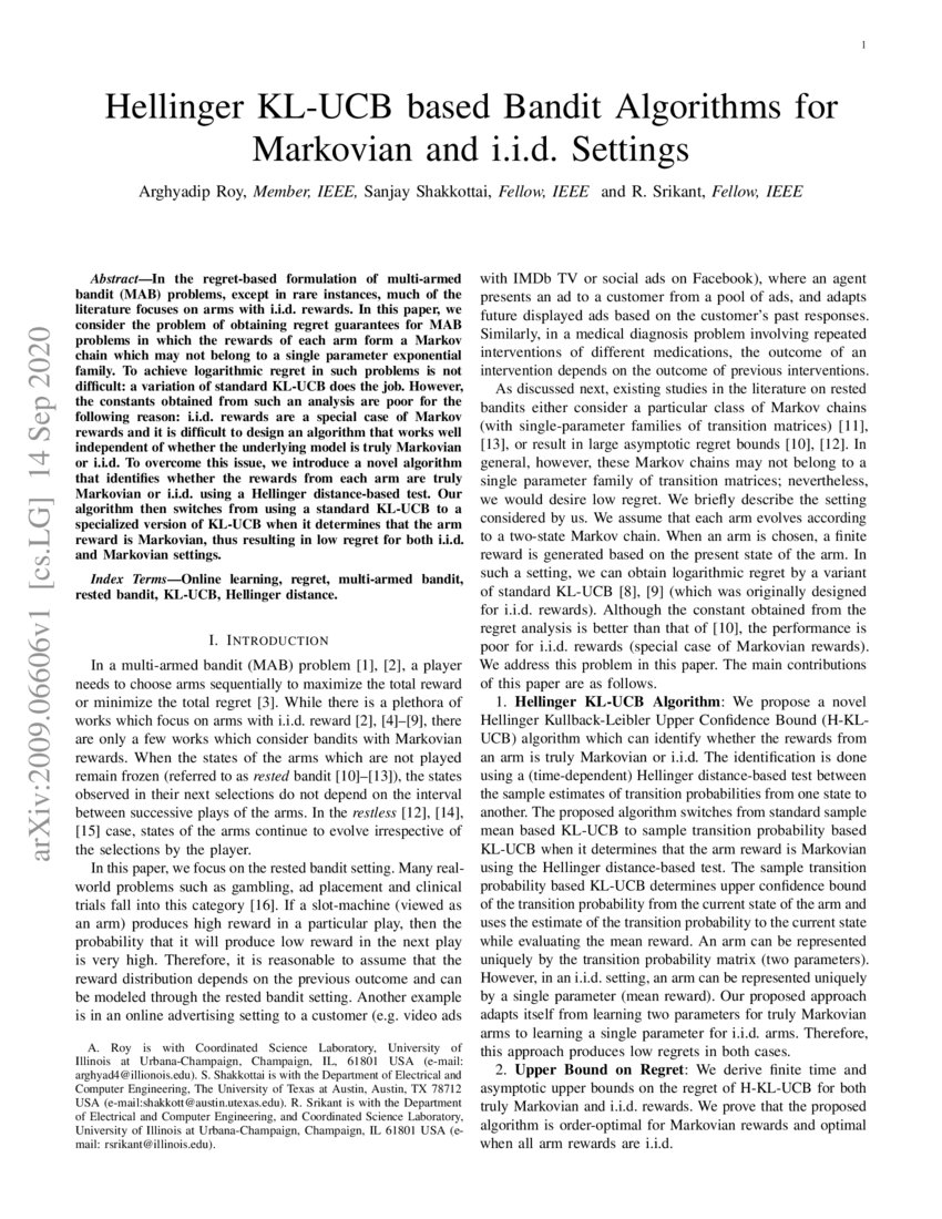 Hellinger KL-UCB based Bandit Algorithms for Markovian and i.i.d. Settings | DeepAI