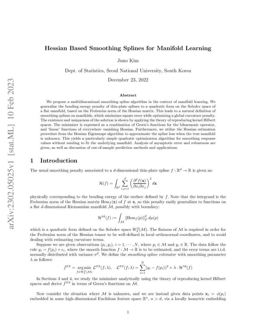 Hessian Based Smoothing Splines for Manifold Learning | DeepAI