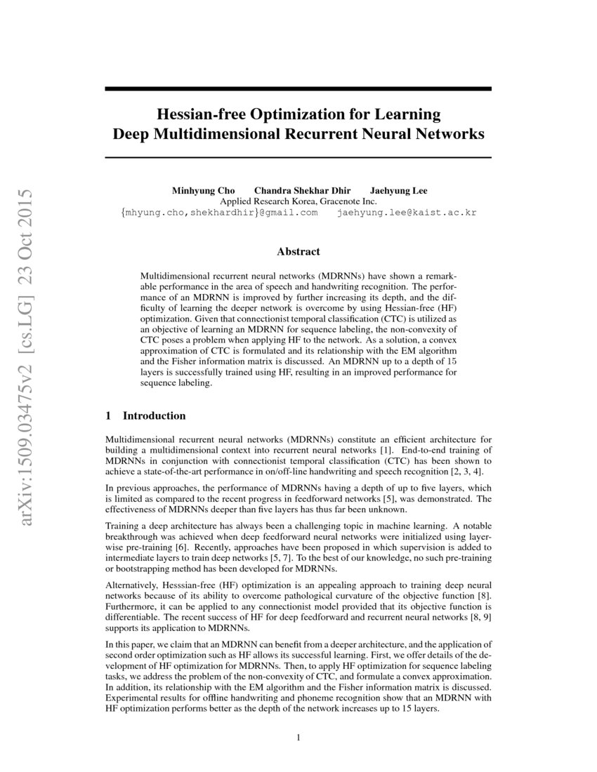 Hessian Free Optimization For Learning Deep Multidimensional Recurrent Neural Networks Deepai