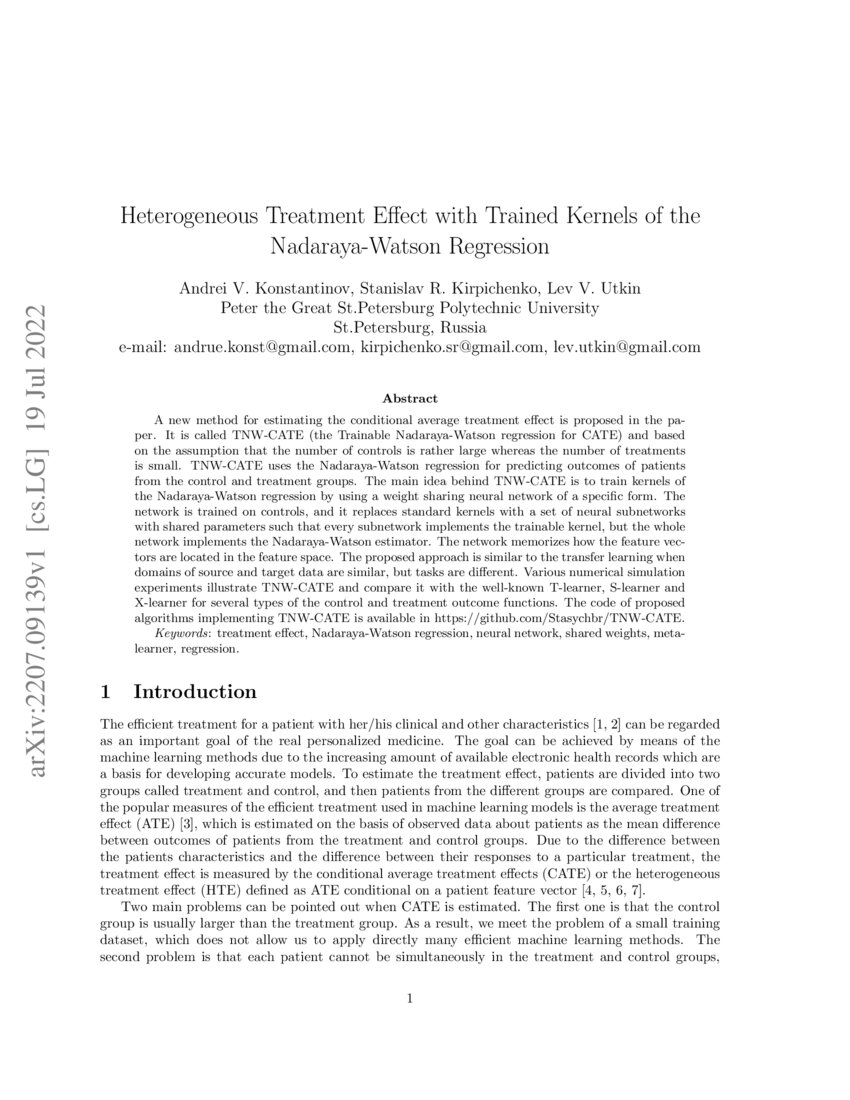 Heterogeneous Treatment Effect with Trained Kernels of the Nadaraya-Watson Regression | DeepAI