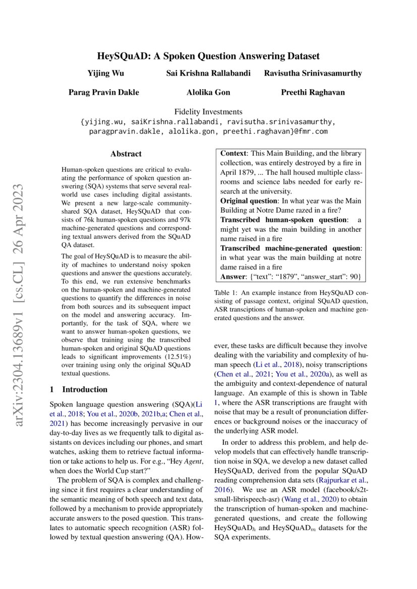 HeySQuAD: A Spoken Question Answering Dataset | DeepAI