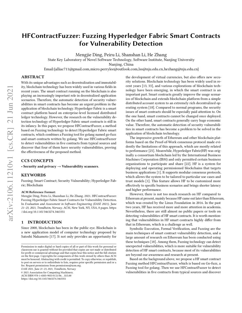 Hfcontractfuzzer Fuzzing Hyperledger Fabric Smart Contracts For Vulnerability Detection Deepai