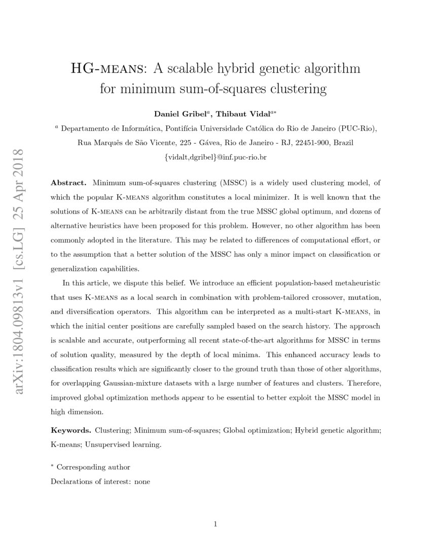 Hg Means A Scalable Hybrid Genetic Algorithm For Minimum Sum Of Squares Clustering Deepai