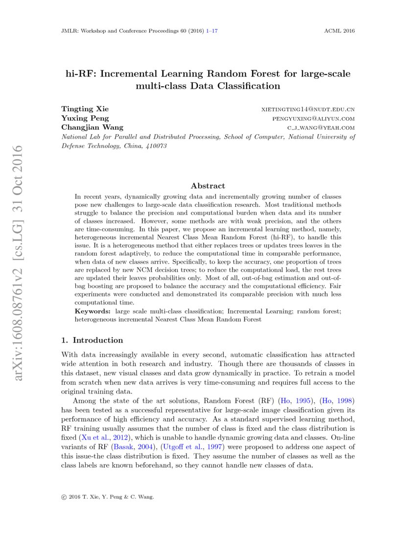 hi-RF: Incremental Learning Random Forest for large-scale multi-class Data Classification | DeepAI