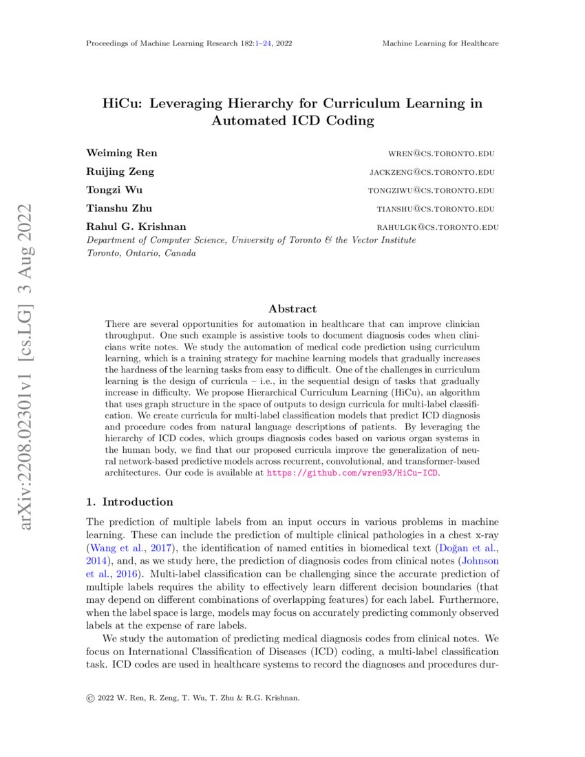 HiCu: Leveraging Hierarchy for Curriculum Learning in Automated ICD Coding | DeepAI
