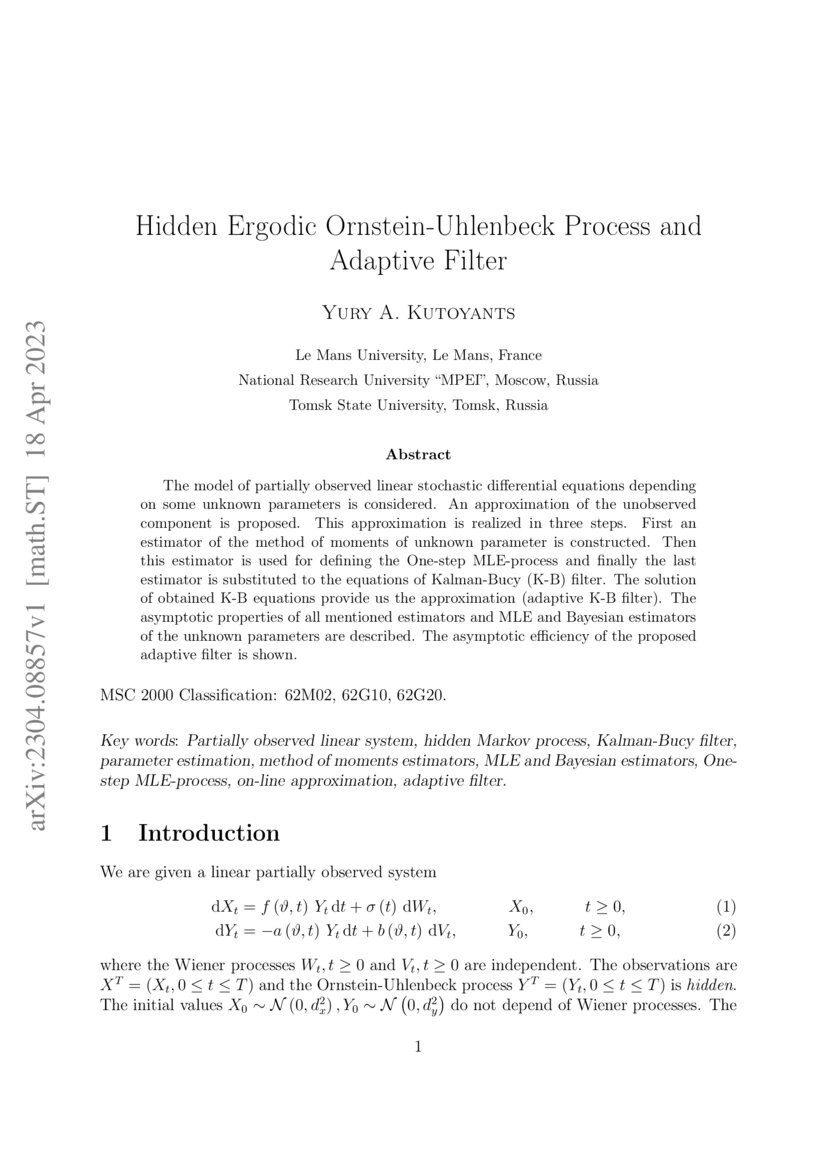 Hidden Ergodic Ornstein-Uhlenbeck Process and Adaptive Filter | DeepAI Hidden Ergodic Ornstein-Uhlenbeck Process and Adaptive Filter | DeepAI