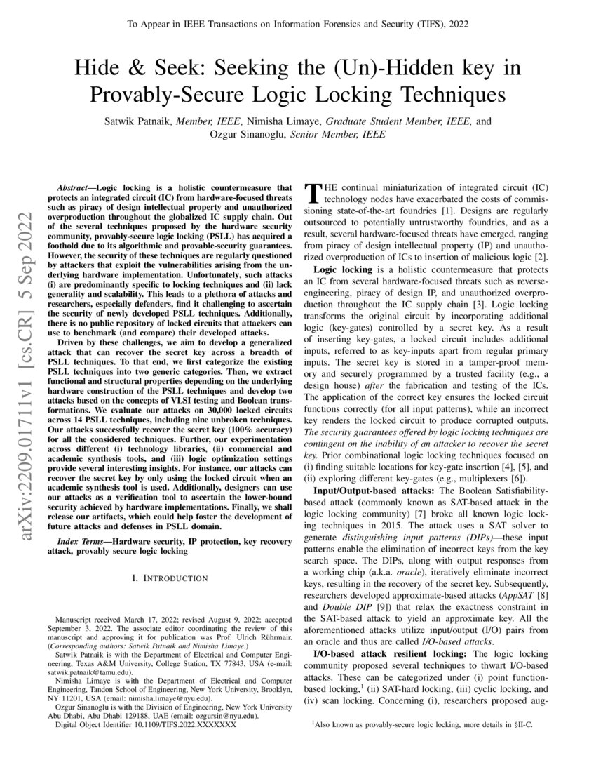 Hide Seek Seeking The Un Hidden Key In Provably Secure Logic Locking Techniques Deepai