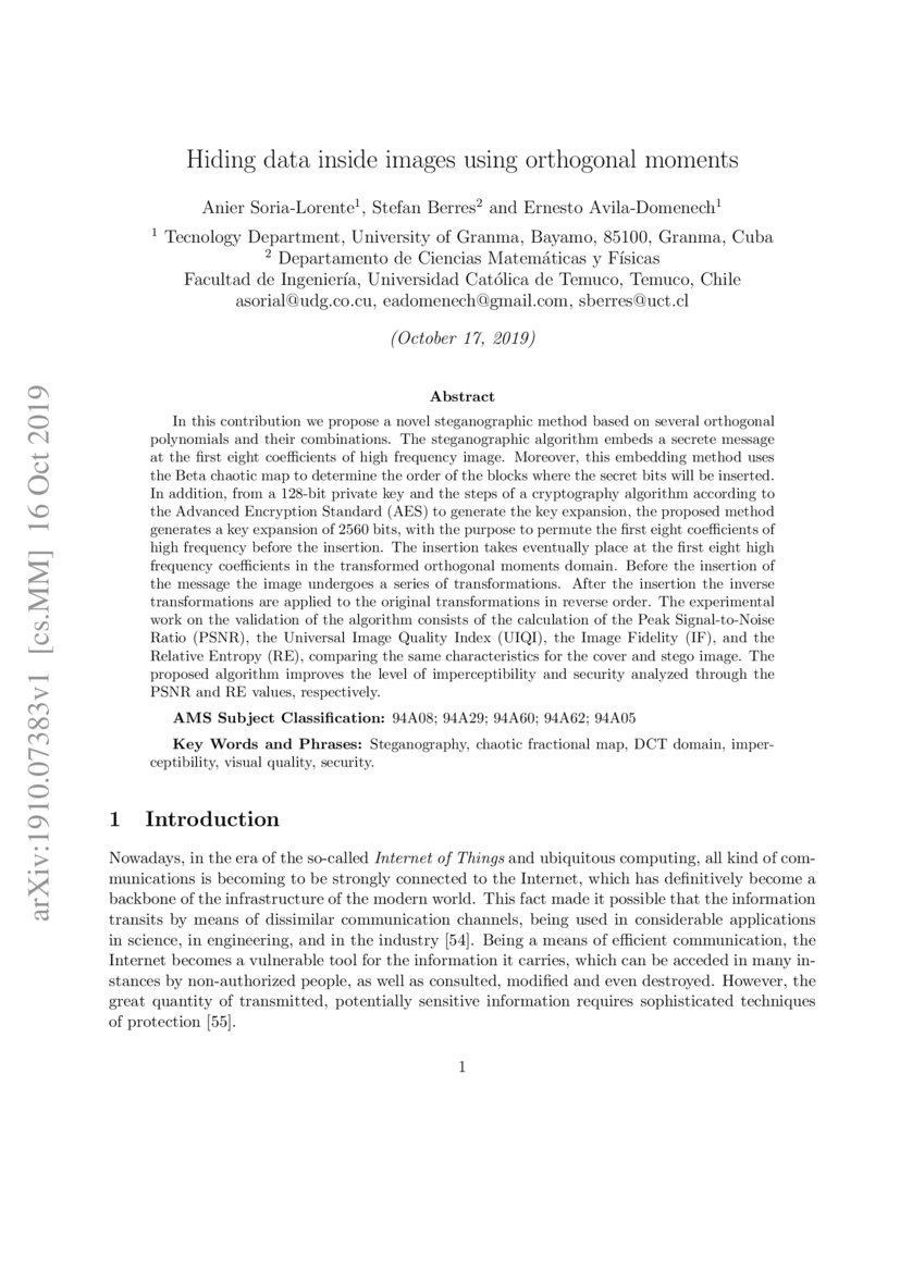 Hiding data inside images using orthogonal moments | DeepAI