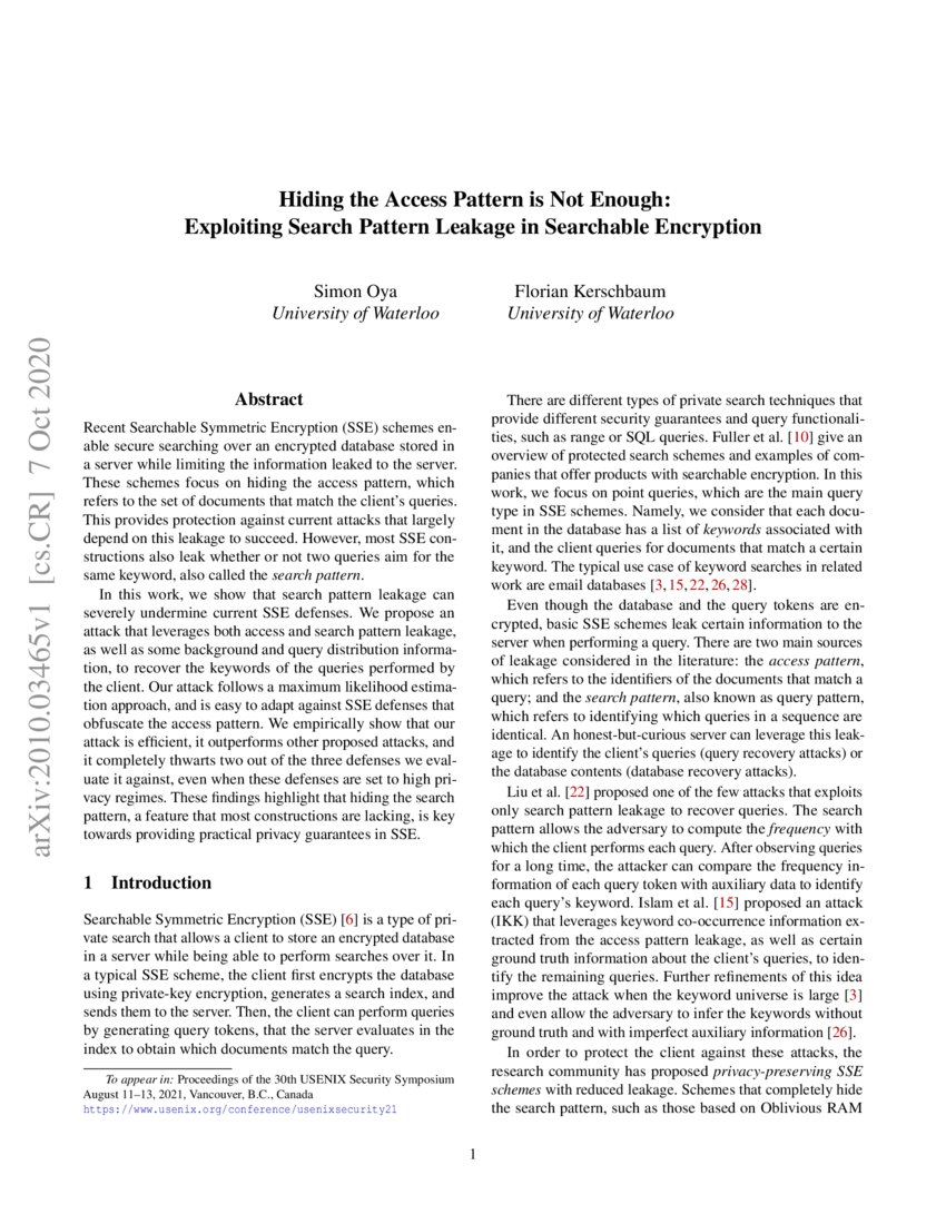 Hiding The Access Pattern Is Not Enough Exploiting Search Pattern Leakage In Searchable