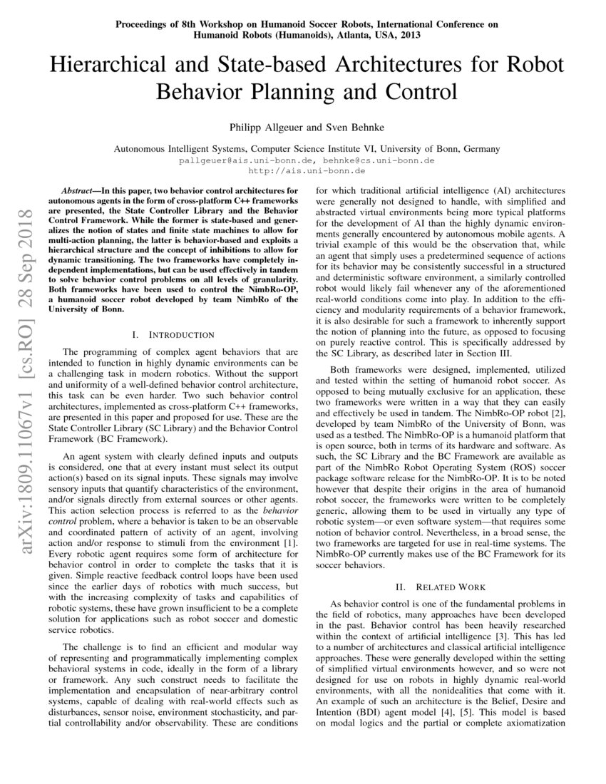 Hierarchical and State-based Architectures for Robot Behavior Planning and Control | DeepAI