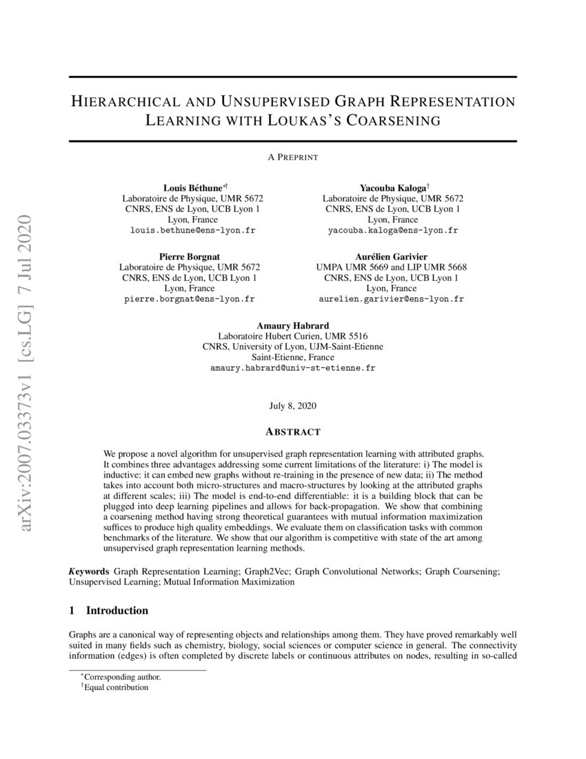 Hierarchical and Unsupervised Graph Representation Learning with Loukas's Coarsening | DeepAI