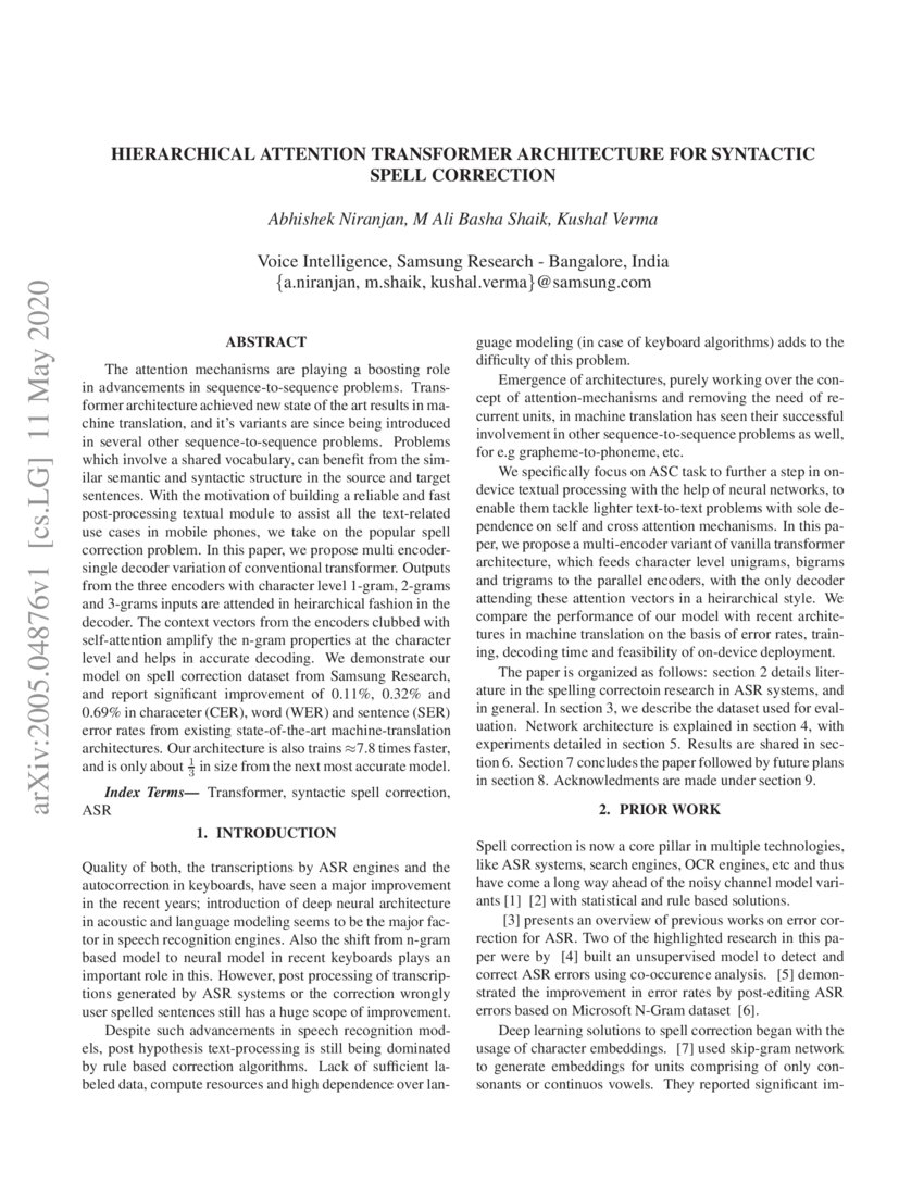 Hierarchical Attention Transformer Architecture For Syntactic Spell