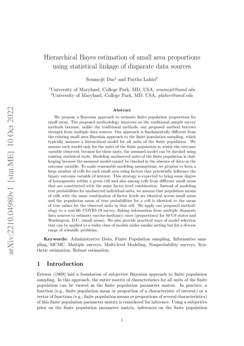 Hierarchical Bayes estimation of small area proportions using ... Hierarchical Bayes estimation of small area proportions using ...