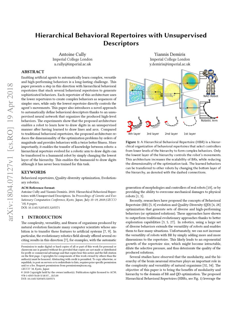 Hierarchical Behavioral Repertoires with Unsupervised Descriptors | DeepAI