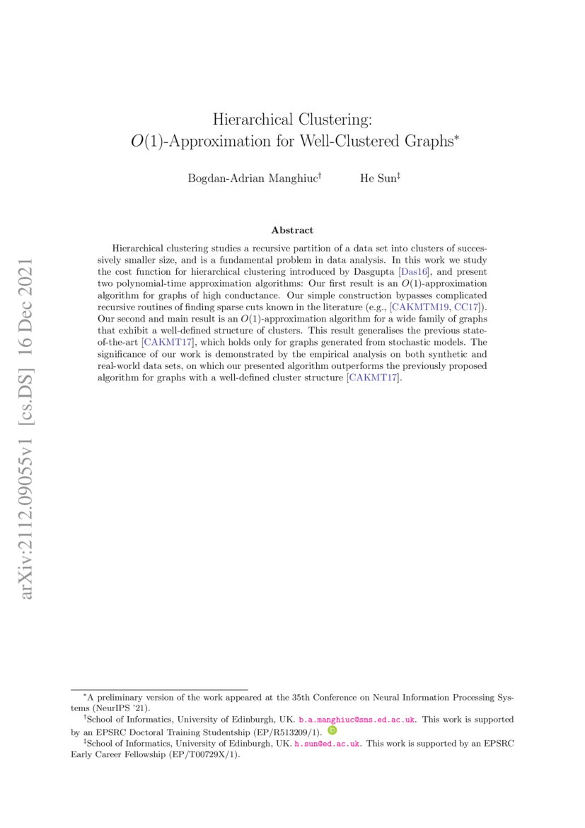Hierarchical Clustering O1 Approximation For Well Clustered Graphs Deepai