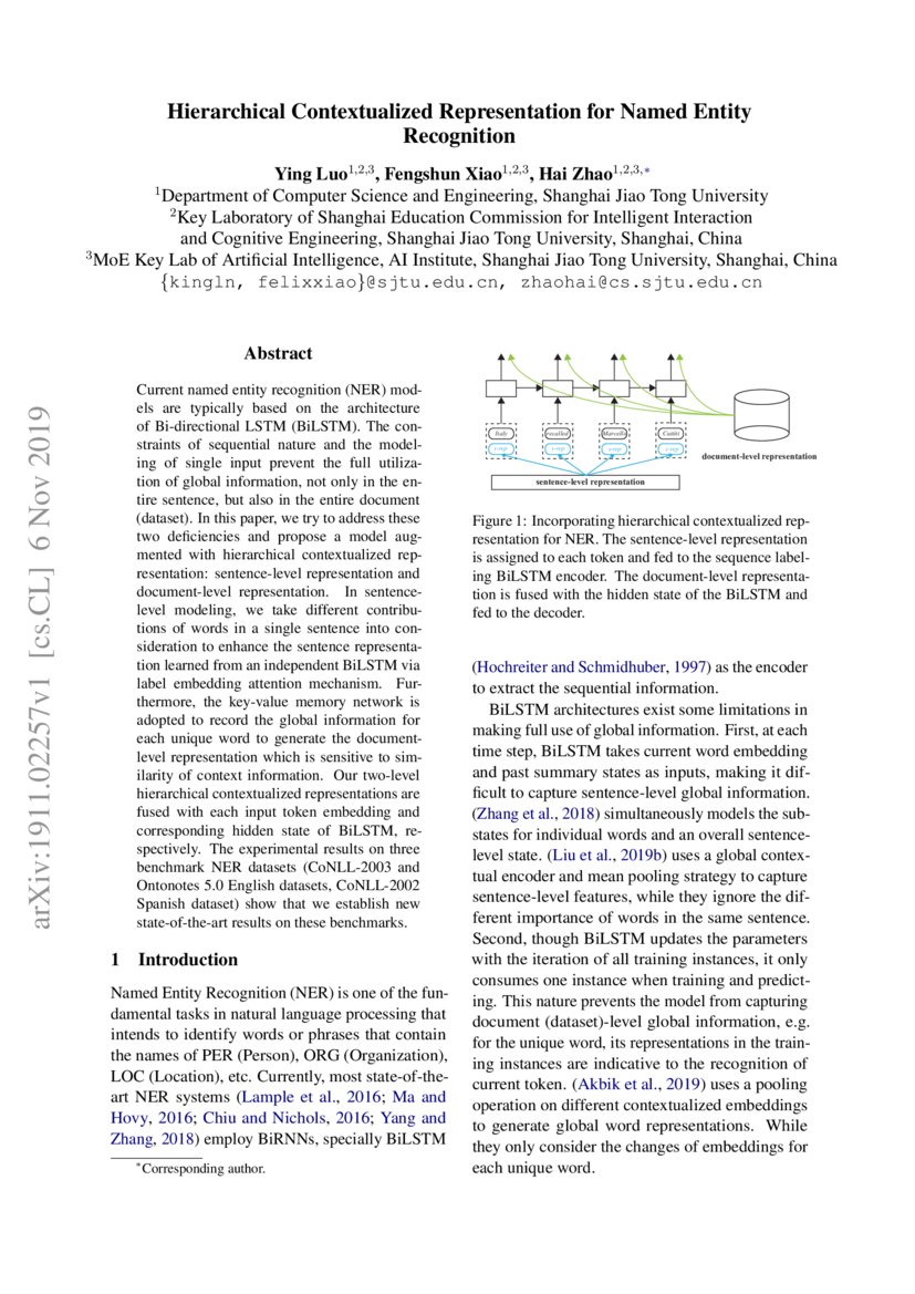 Hierarchical Contextualized Representation for Named Entity Recognition | DeepAI