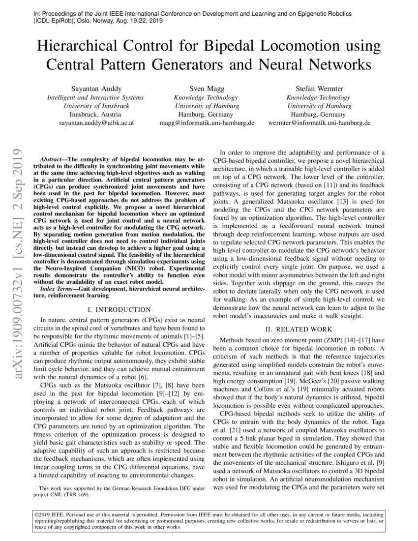 Hierarchical Control For Bipedal Locomotion Using Central Pattern Generators And Neural Networks