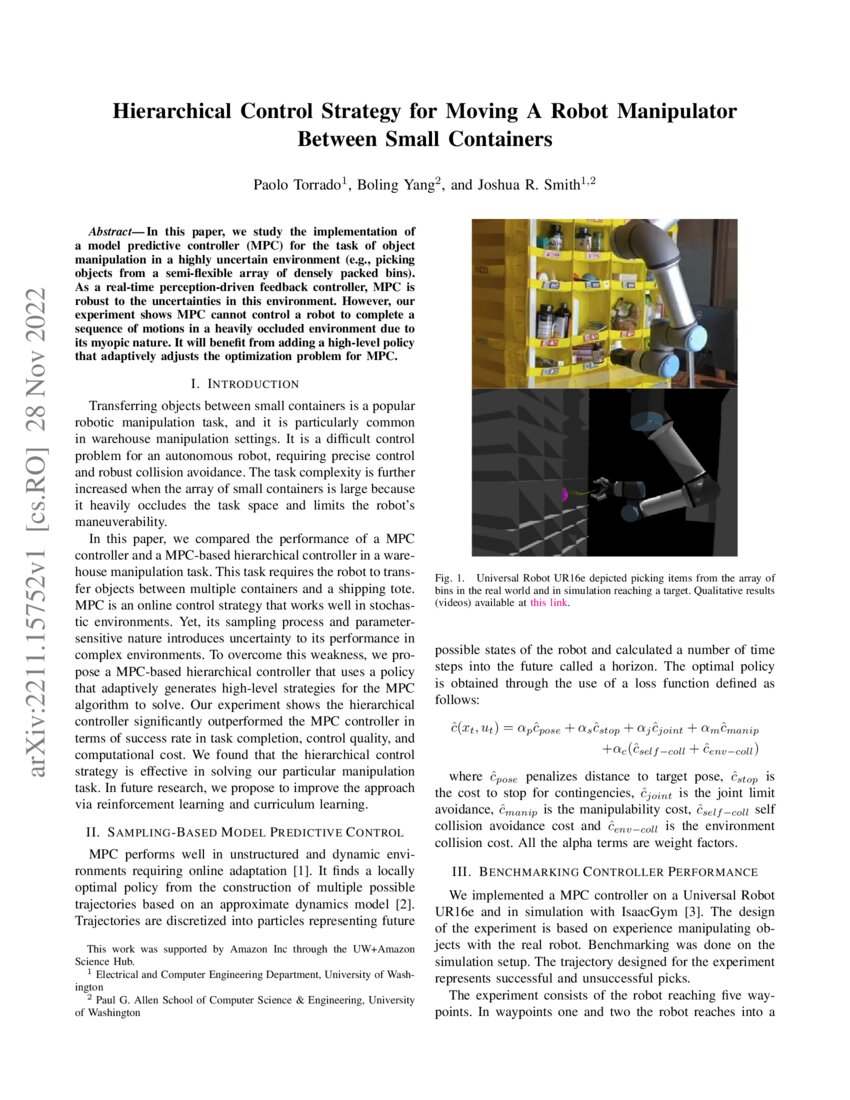 Hierarchical Control Strategy For Moving A Robot Manipulator Between Small Containers Deepai
