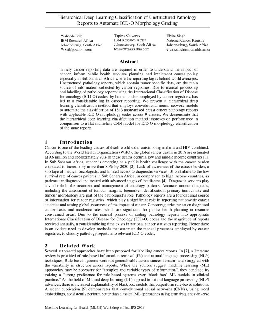 Hierarchical Deep Learning Classification Of Unstructured Pathology Reports To Automate Icd O