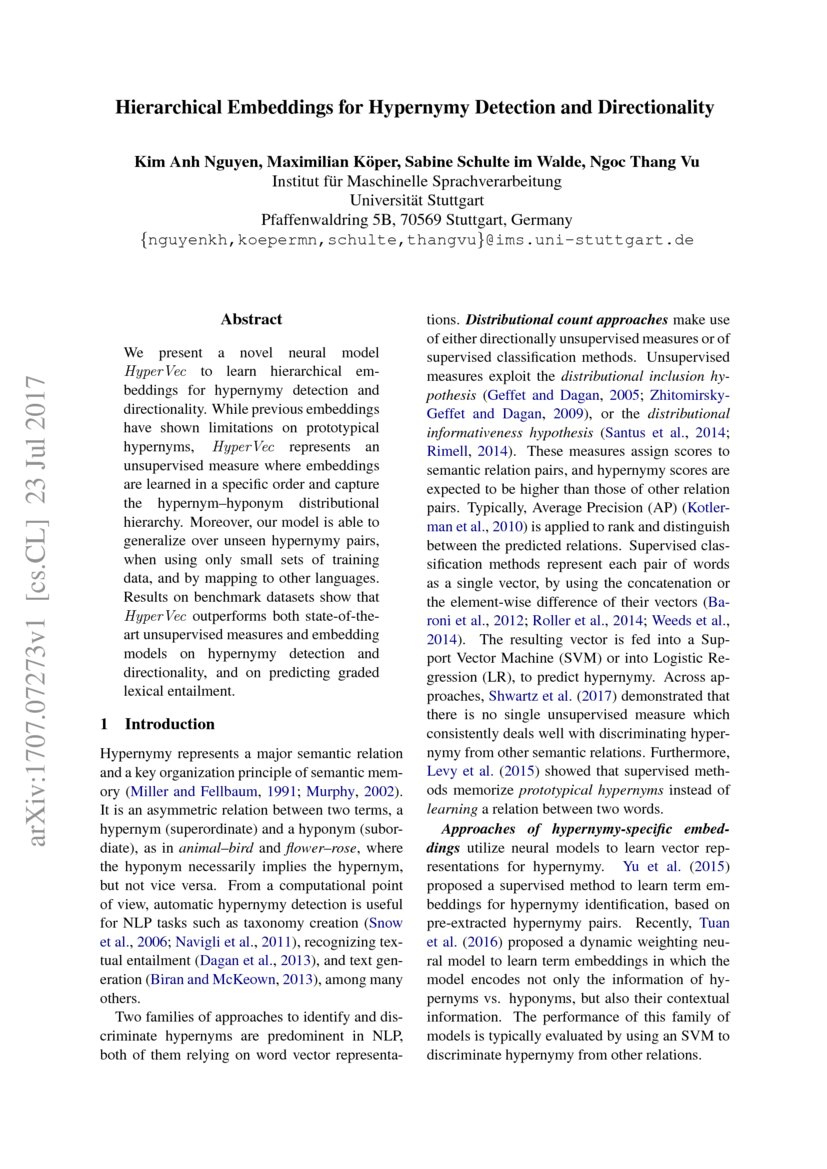 Hierarchical Embeddings For Hypernymy Detection And Directionality Deepai