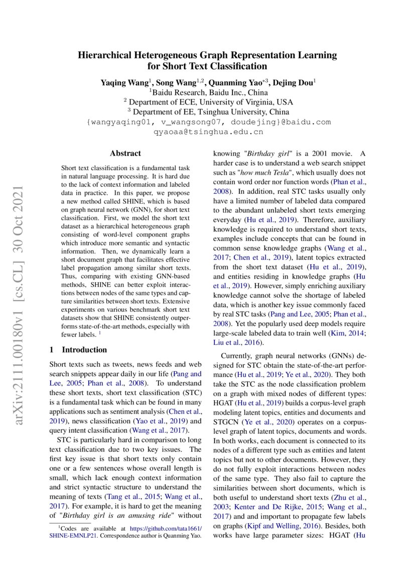 Hierarchical Heterogeneous Graph Representation Learning For Short Text Classification Deepai