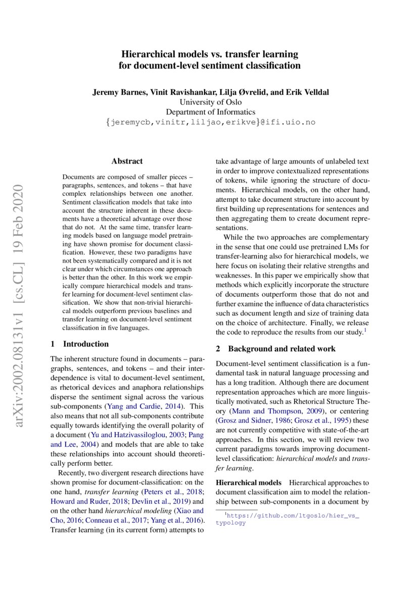 Hierarchical Models Vs Transfer Learning For Document Level Sentiment