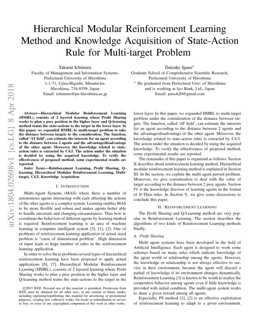 Hierarchical Modular Reinforcement Learning Method And Knowledge Acquisition Of State Action