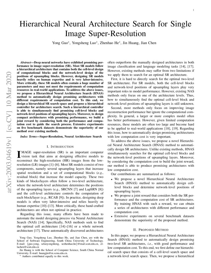 Hierarchical Neural Architecture Search for Single Image Super-Resolution | DeepAI