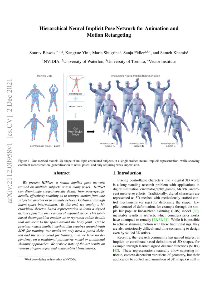 Hierarchical Neural Implicit Pose Network For Animation And Motion