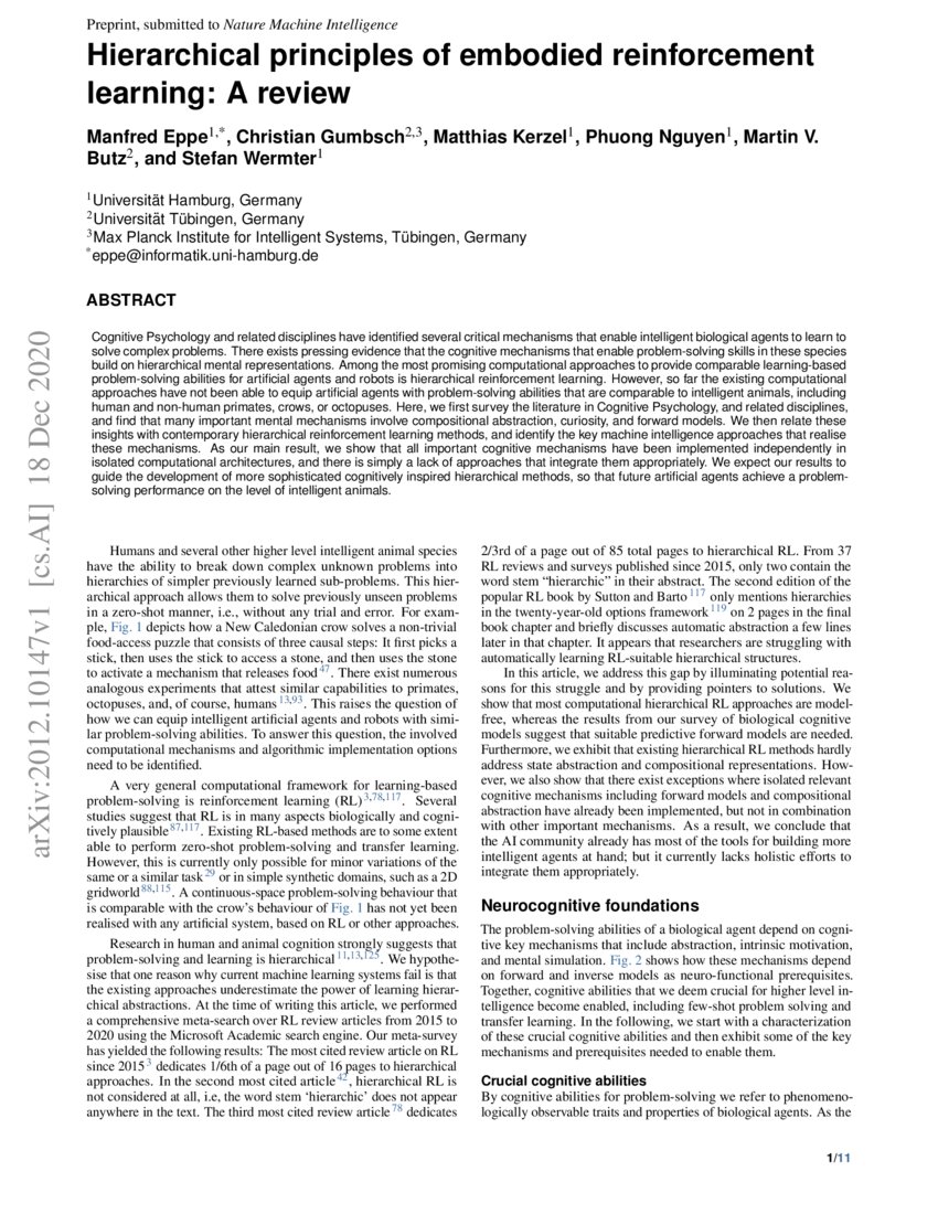 Hierarchical principles of embodied reinforcement learning: A review | DeepAI