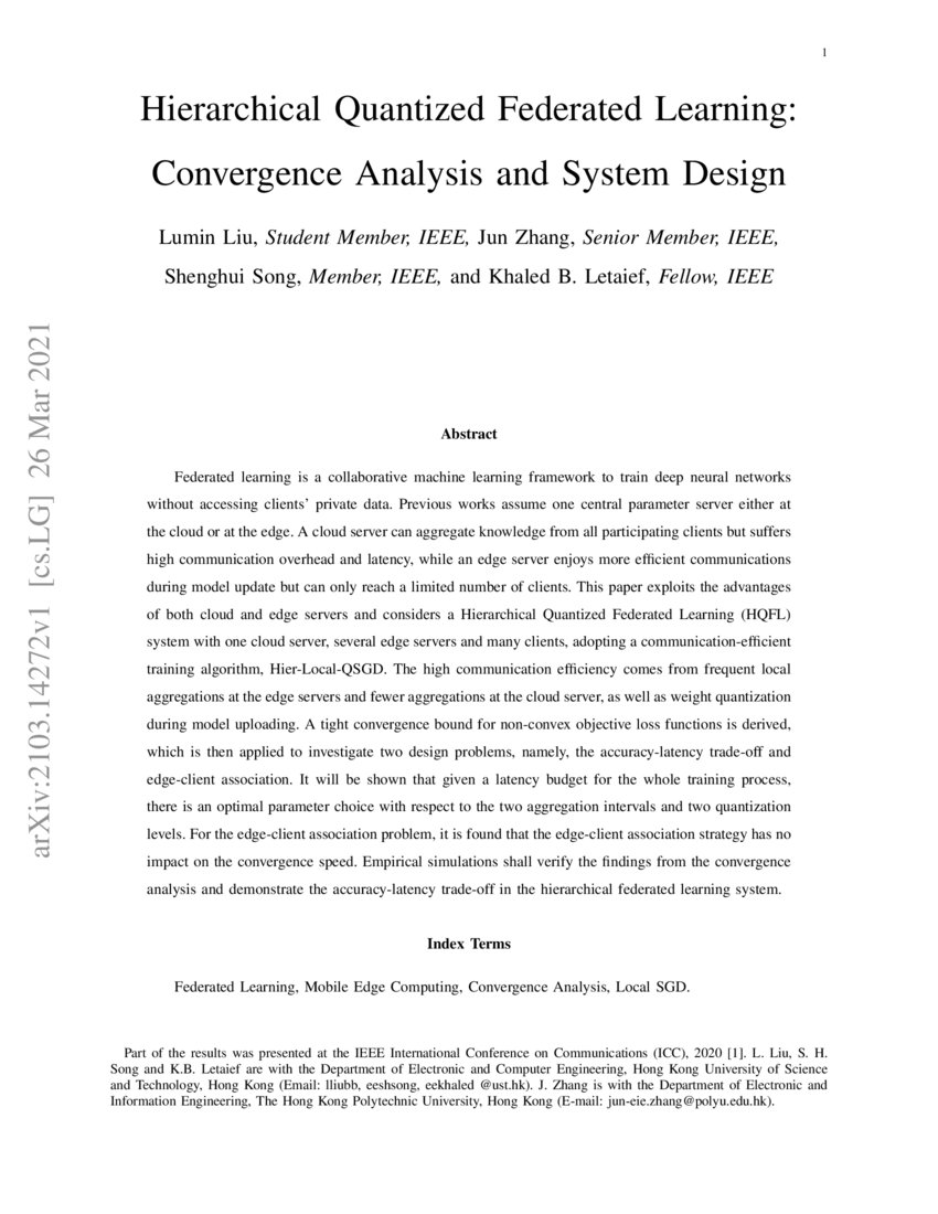 Hierarchical Quantized Federated Learning: Convergence Analysis and System Design | DeepAI