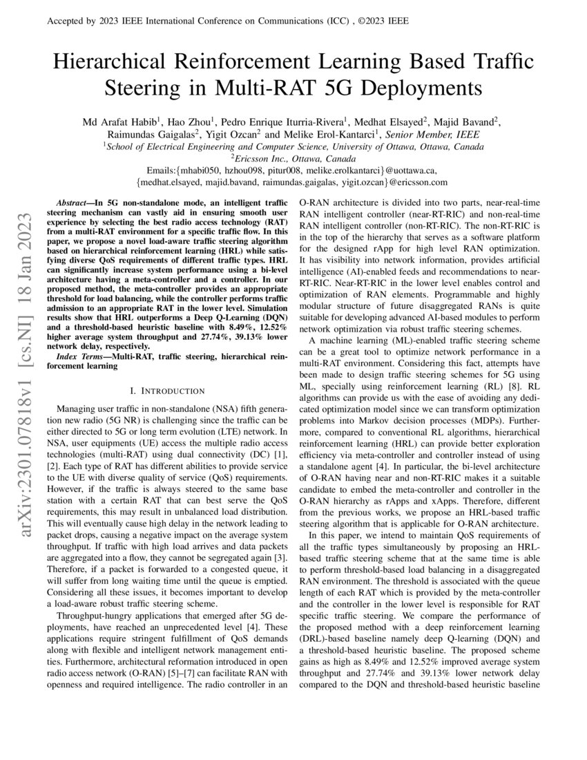 Hierarchical Reinforcement Learning Based Traffic Steering in Multi-RAT 5G Deployments | DeepAI