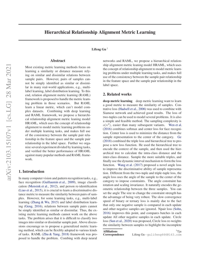 Hierarchical Relationship Alignment Metric Learning | DeepAI