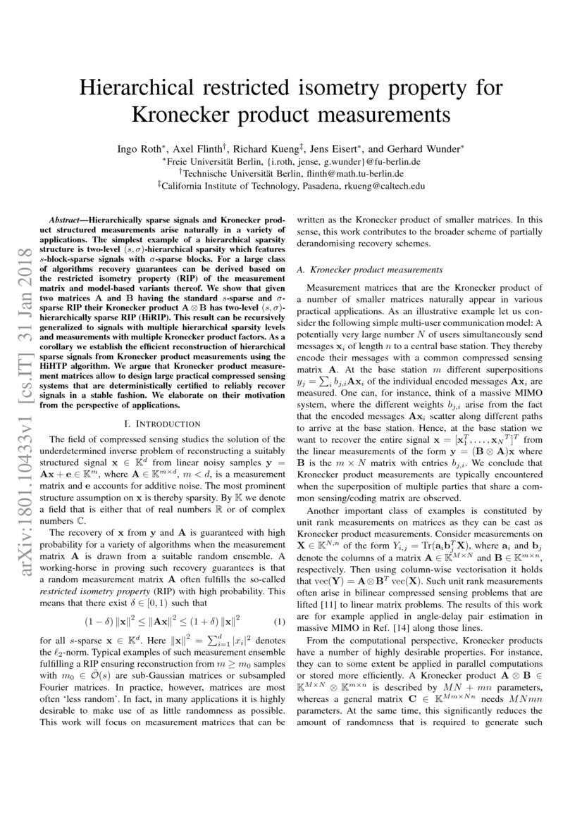 Hierarchical restricted isometry property for Kronecker product measurements | DeepAI