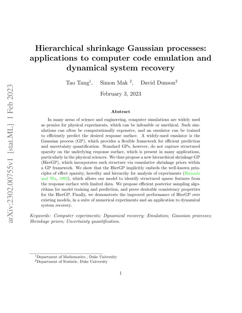 Hierarchical shrinkage Gaussian processes: applications to computer code emulation and dynamical ...