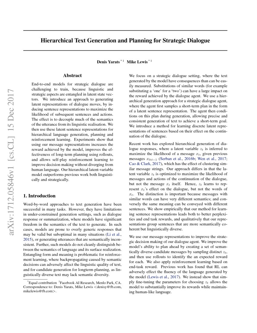 Hierarchical Text Generation and Planning for Strategic Dialogue | DeepAI