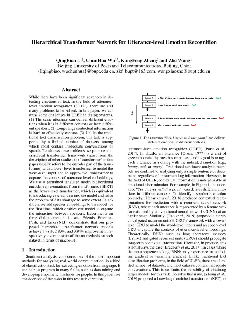 Hierarchical Transformer Network For Utterance Level Emotion Recognition Deepai
