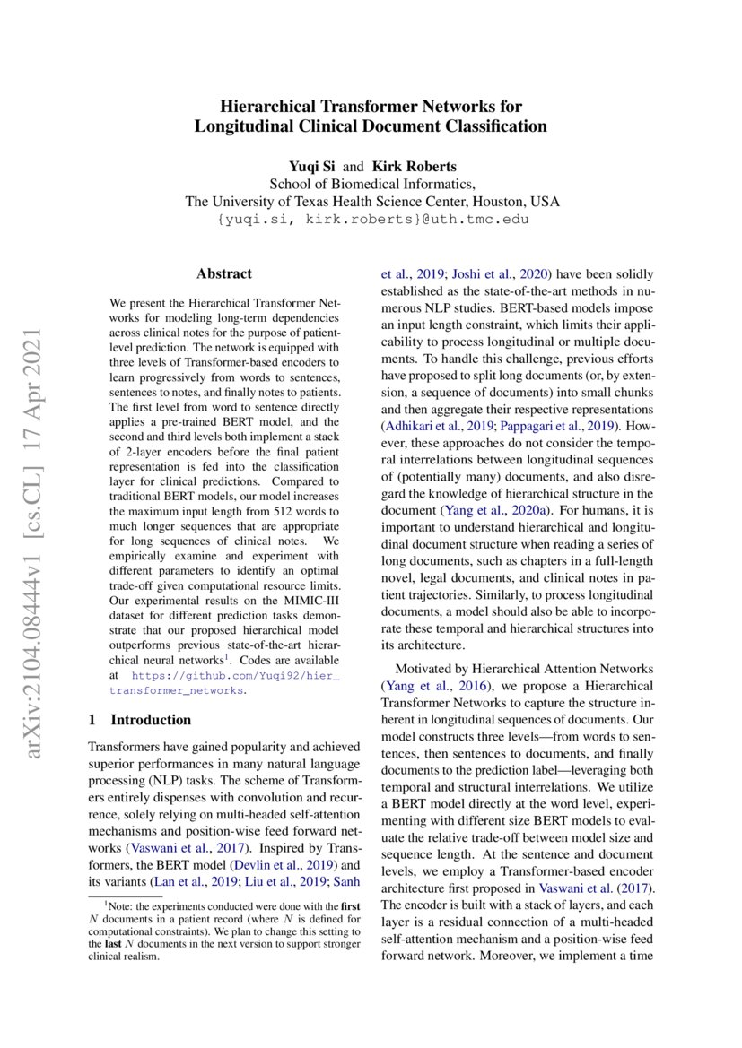 Hierarchical Transformer Networks for Longitudinal Clinical Document Classification | DeepAI