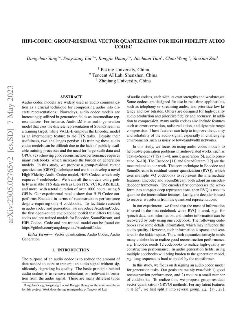 Hifi Codec Group Residual Vector Quantization For High Fidelity Audio Codec Deepai 