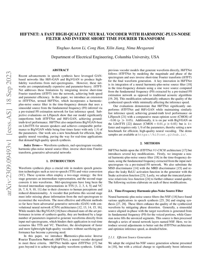 HiFTNet: A Fast High-Quality Neural Vocoder with Harmonic-plus-Noise Filter and Inverse Short ...
