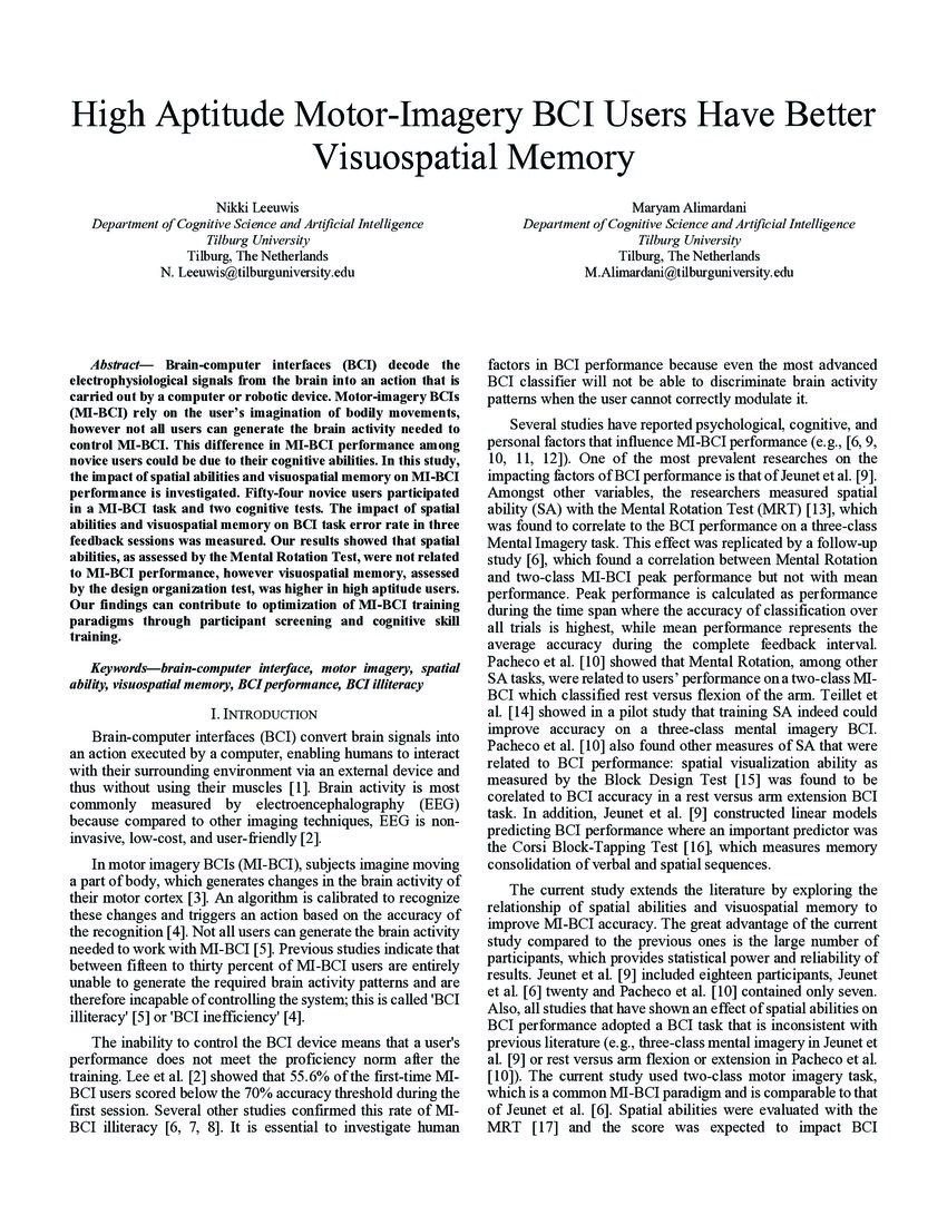 High Aptitude Motor Imagery BCI Users Have Better Visuospatial Memory ...