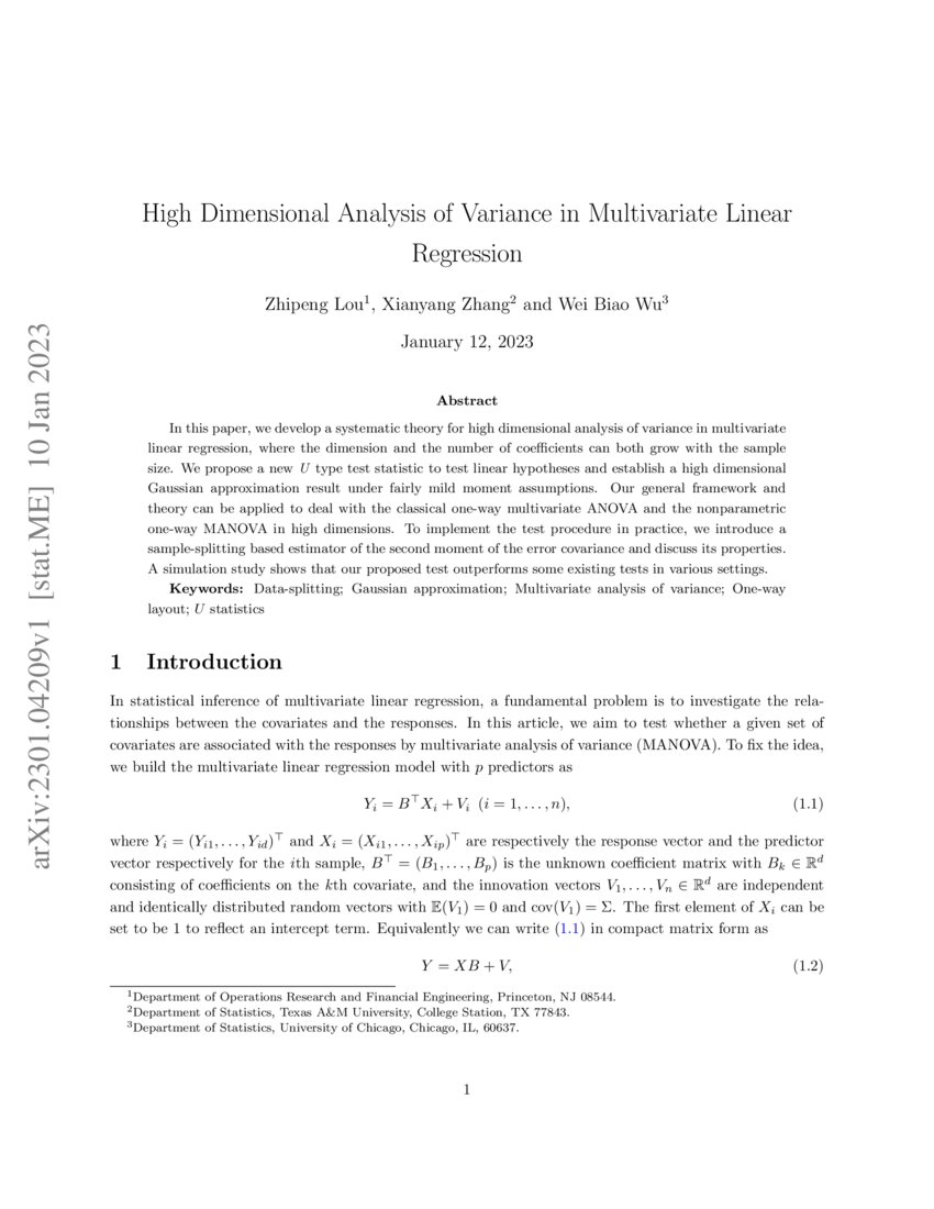 High Dimensional Analysis Of Variance In Multivariate Linear Regression Deepai 