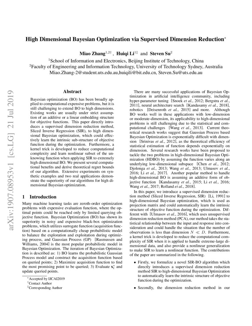 High Dimensional Bayesian Optimization via Supervised Dimension Reduction | DeepAI